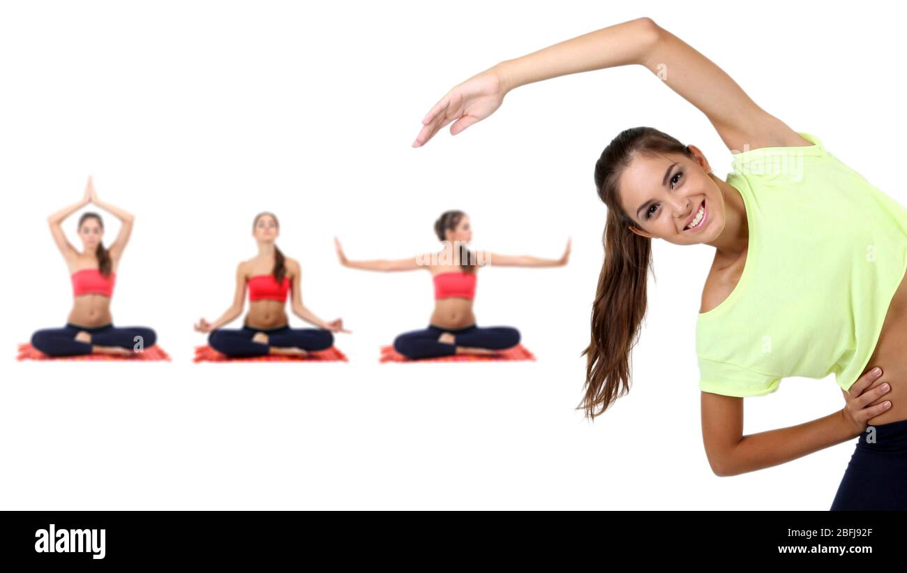 Woman doing exercises, yoga isolated on white, different poses in ...