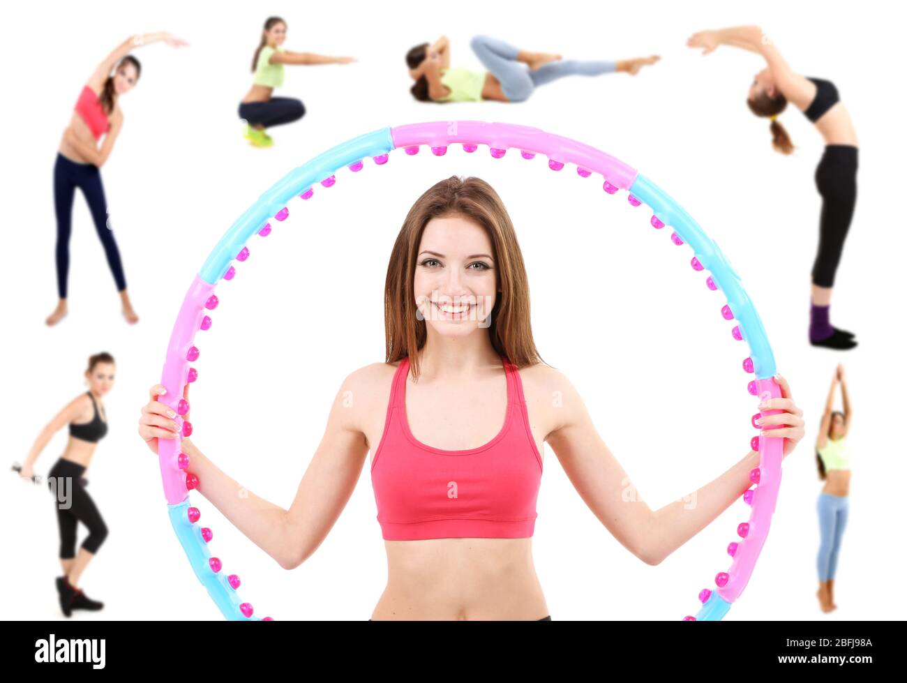 Women doing exercises isolated on white, different poses in collage ...