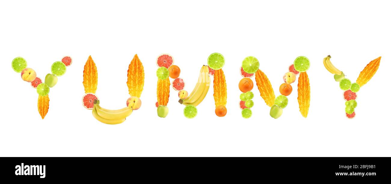 Word Yummy made of fruits isolated on white Stock Photo - Alamy