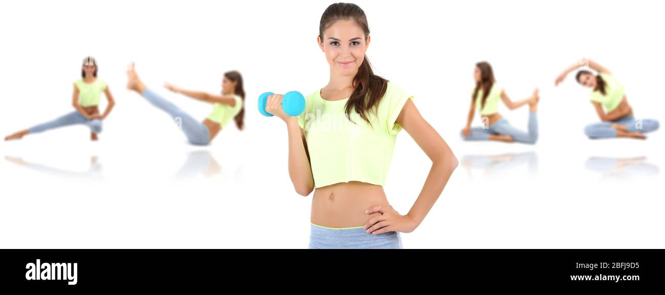 Woman doing exercises isolated on white, different poses in collage ...