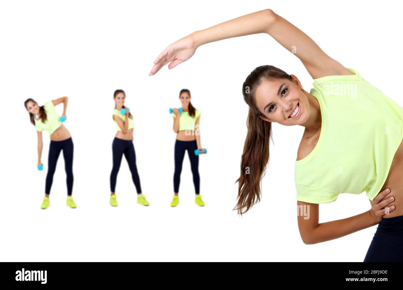 Woman doing exercises isolated on white, different poses in collage ...