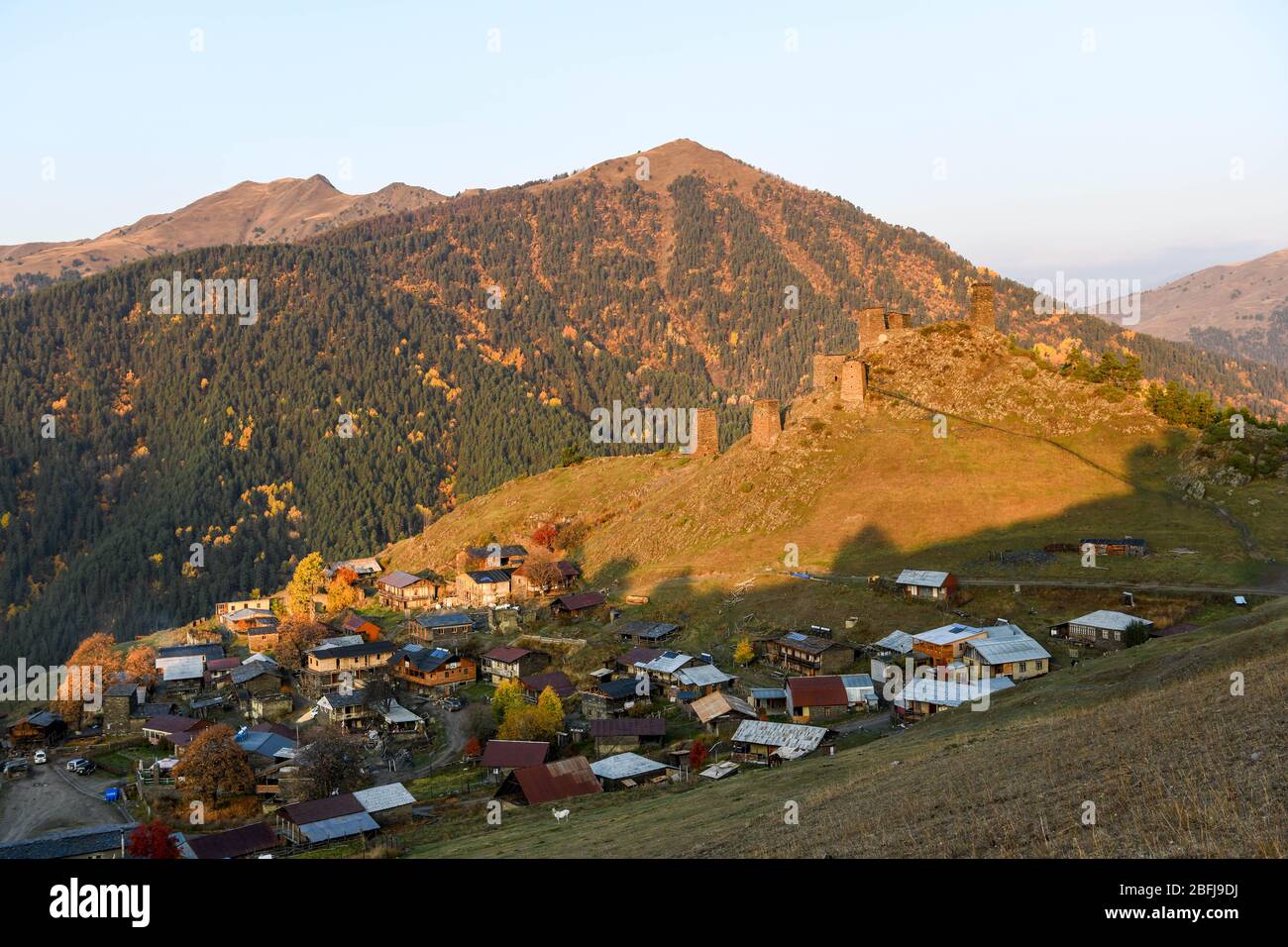 Caucasus, Georgia, Tusheti region, Omalo. The old fort overlooks the ...