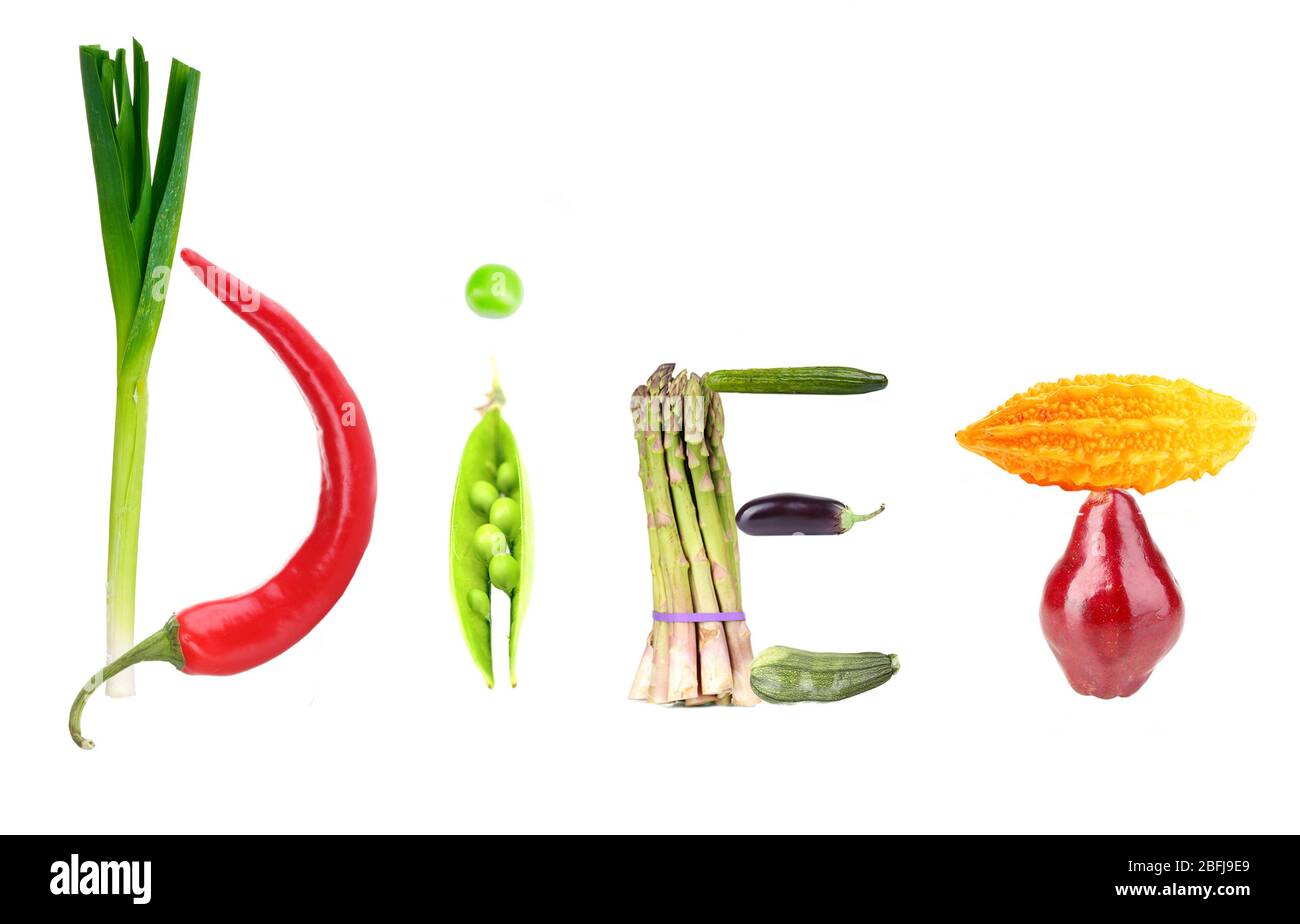 Word Diet made of fruits and vegetables isolated on white Stock Photo ...