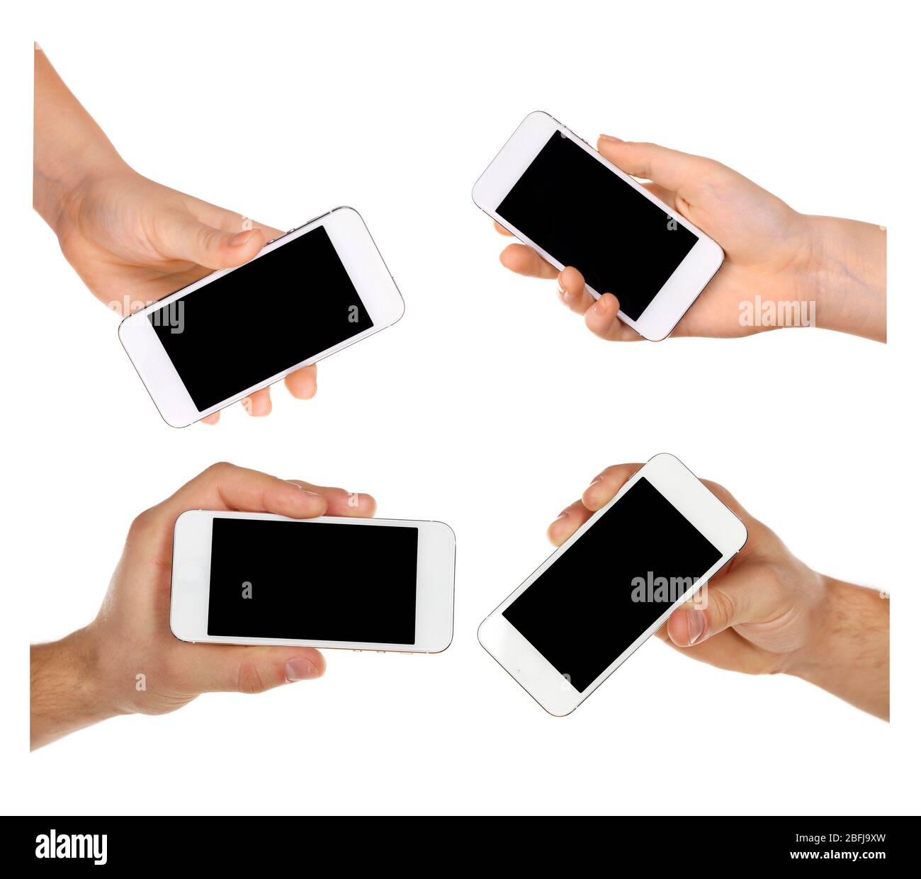 Hand holding mobile smart phone isolated on white, Different variations ...