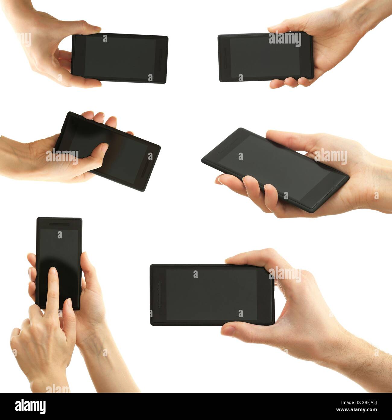 Collage of hands holding smartphone isolated on white Stock Photo - Alamy