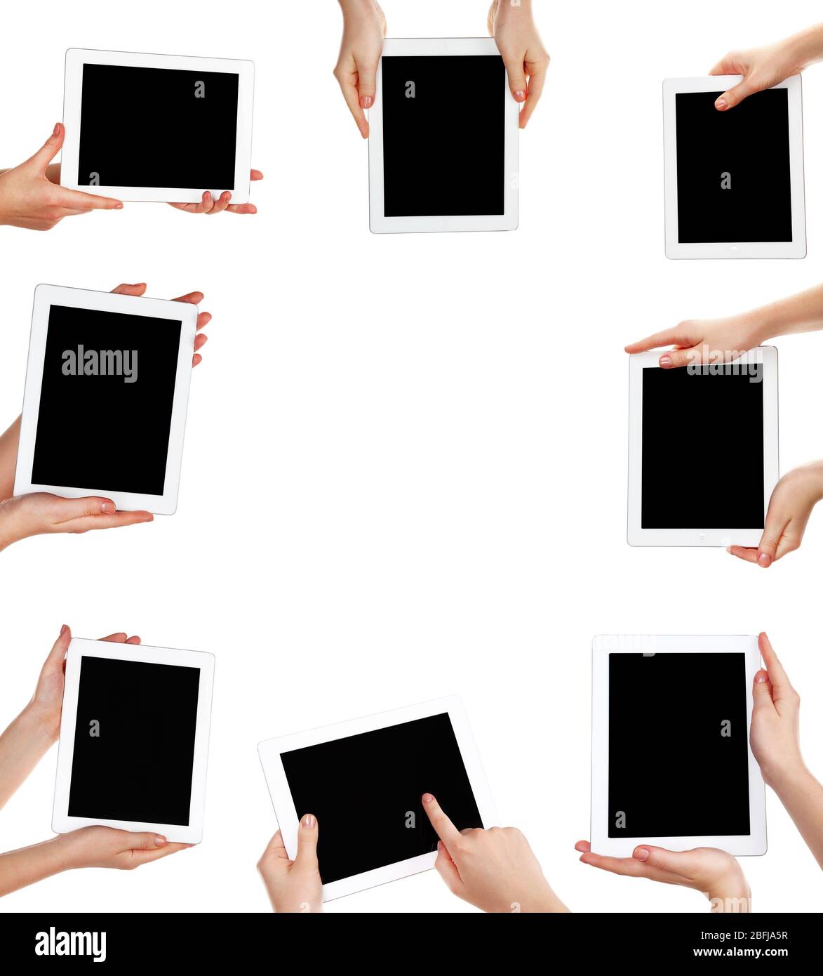 Collage of hands holding tablet PC isolated on white Stock Photo - Alamy
