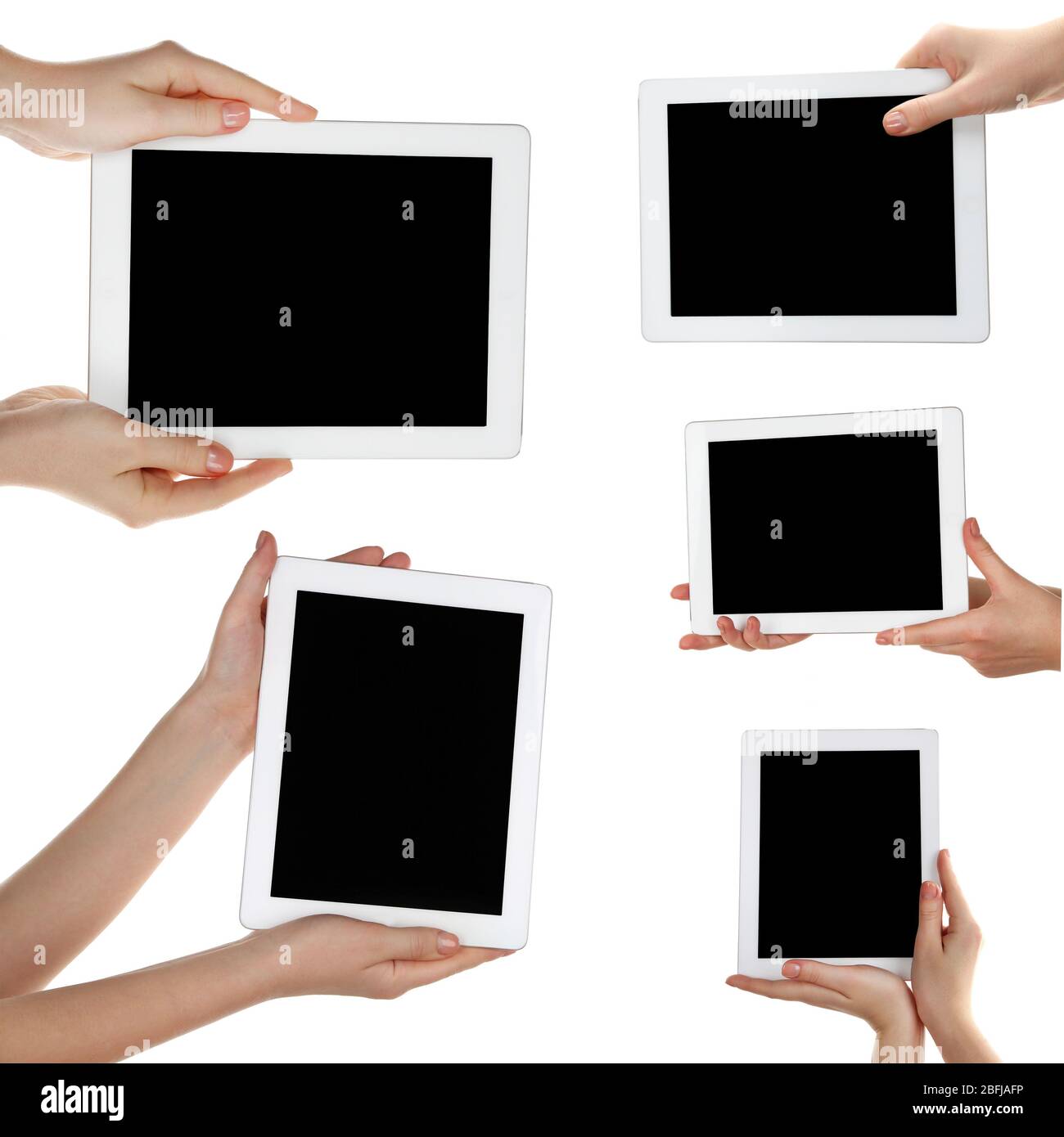 Collage of hands holding tablet PC isolated on white Stock Photo - Alamy