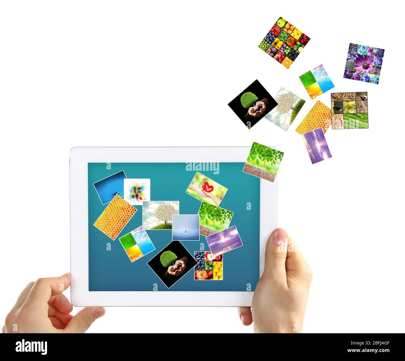 Touch screen tablet with streaming images isolated on white Stock Photo ...