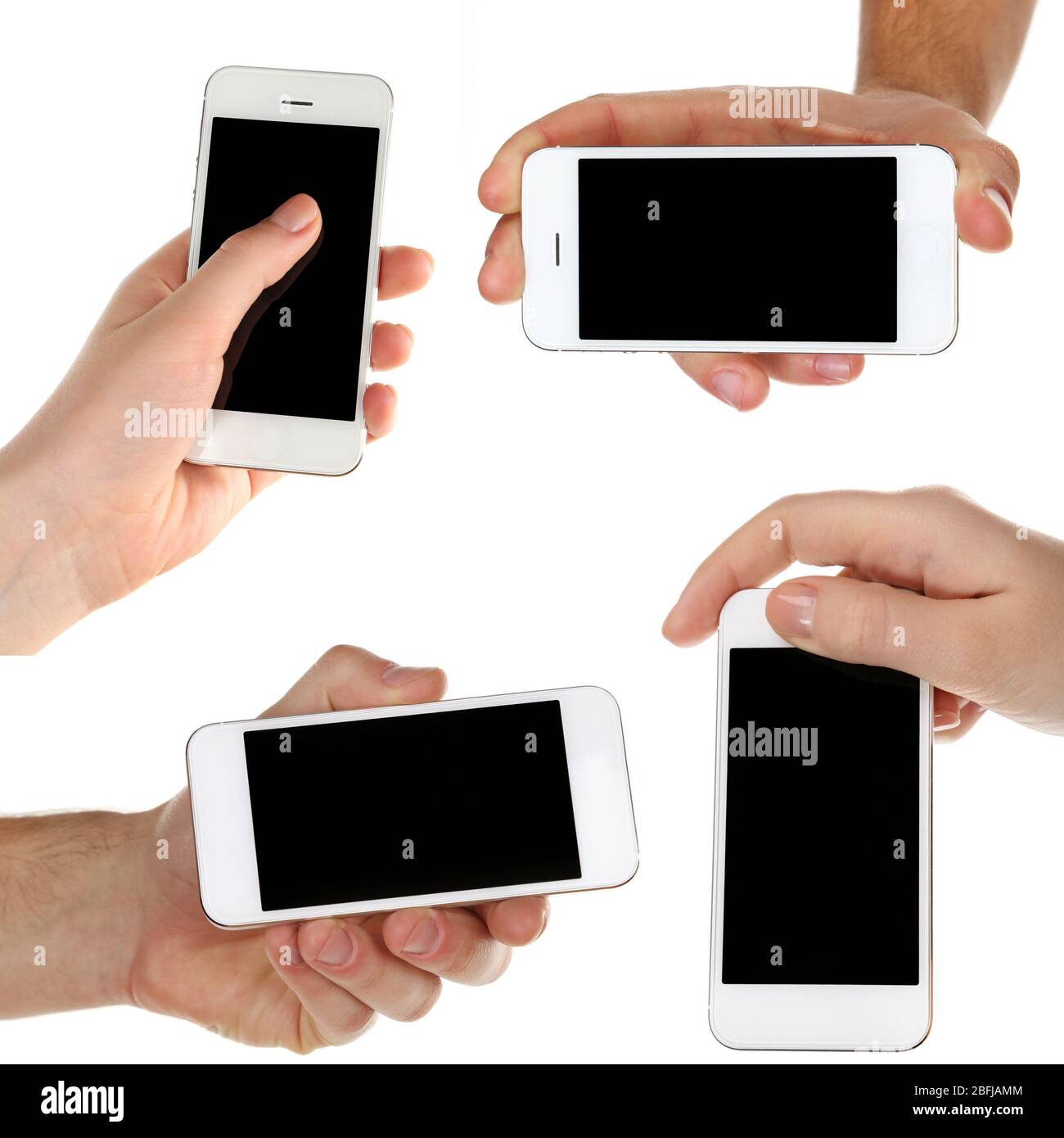 Hands holding smartphones isolated on white Stock Photo - Alamy