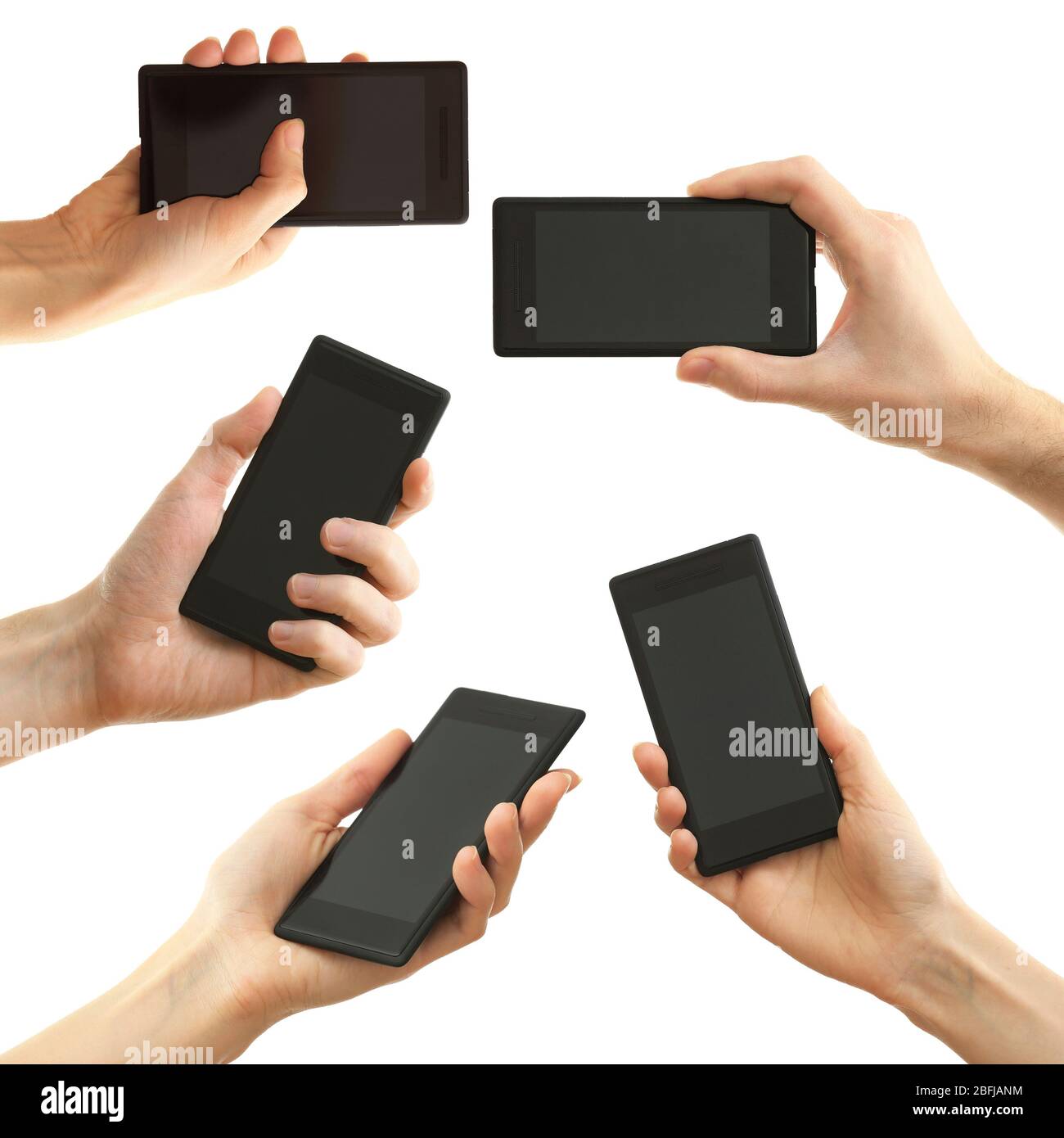 Hand holding mobile smart phone isolated on white, Different variations ...