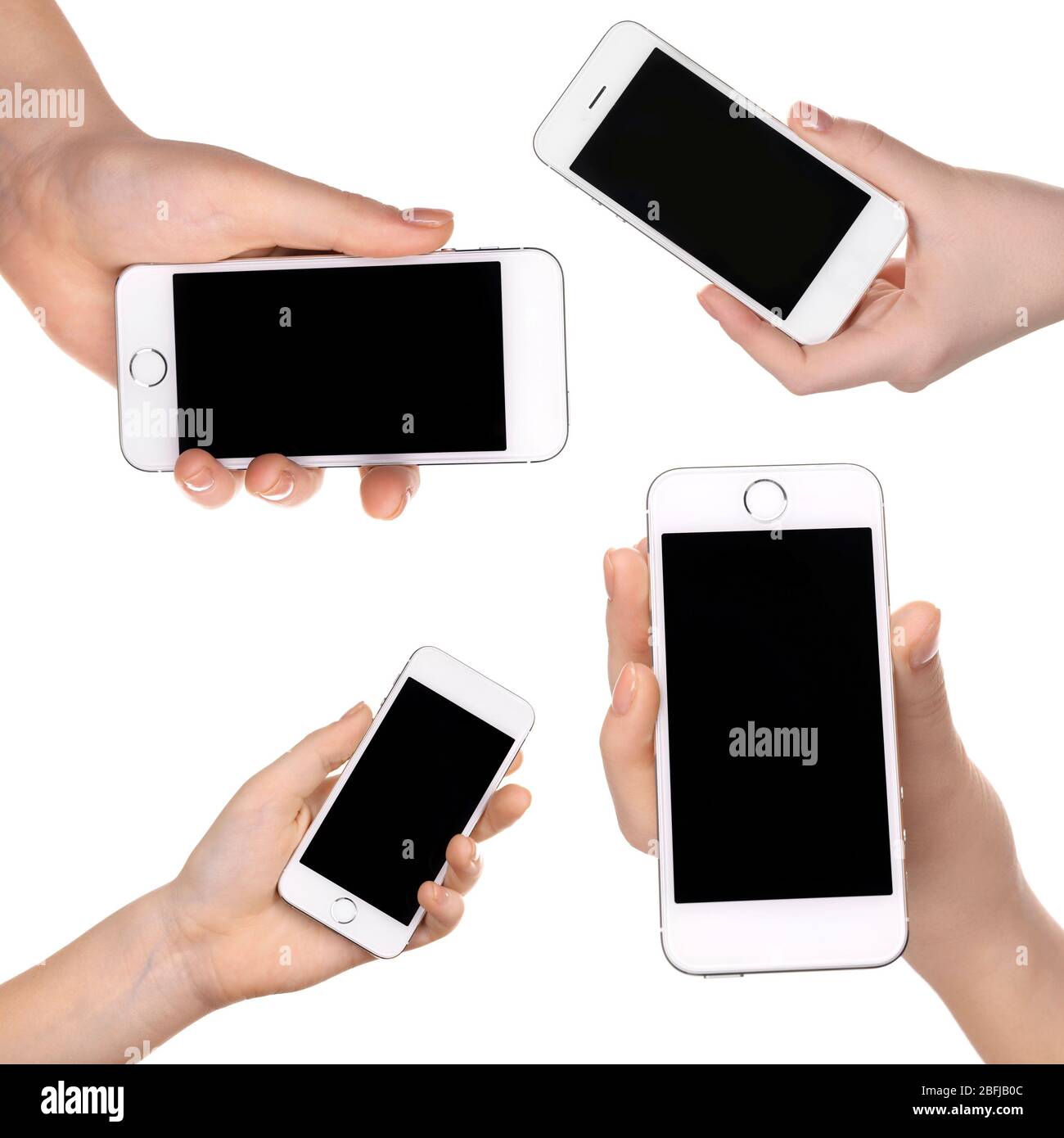 Hands holding smartphones isolated on white Stock Photo - Alamy
