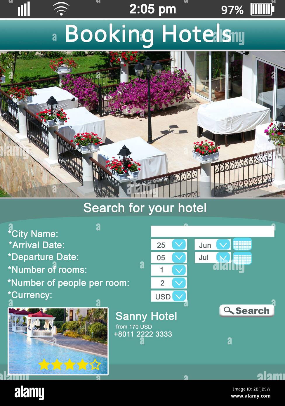 Screen interface. Booking hotels Stock Photo - Alamy