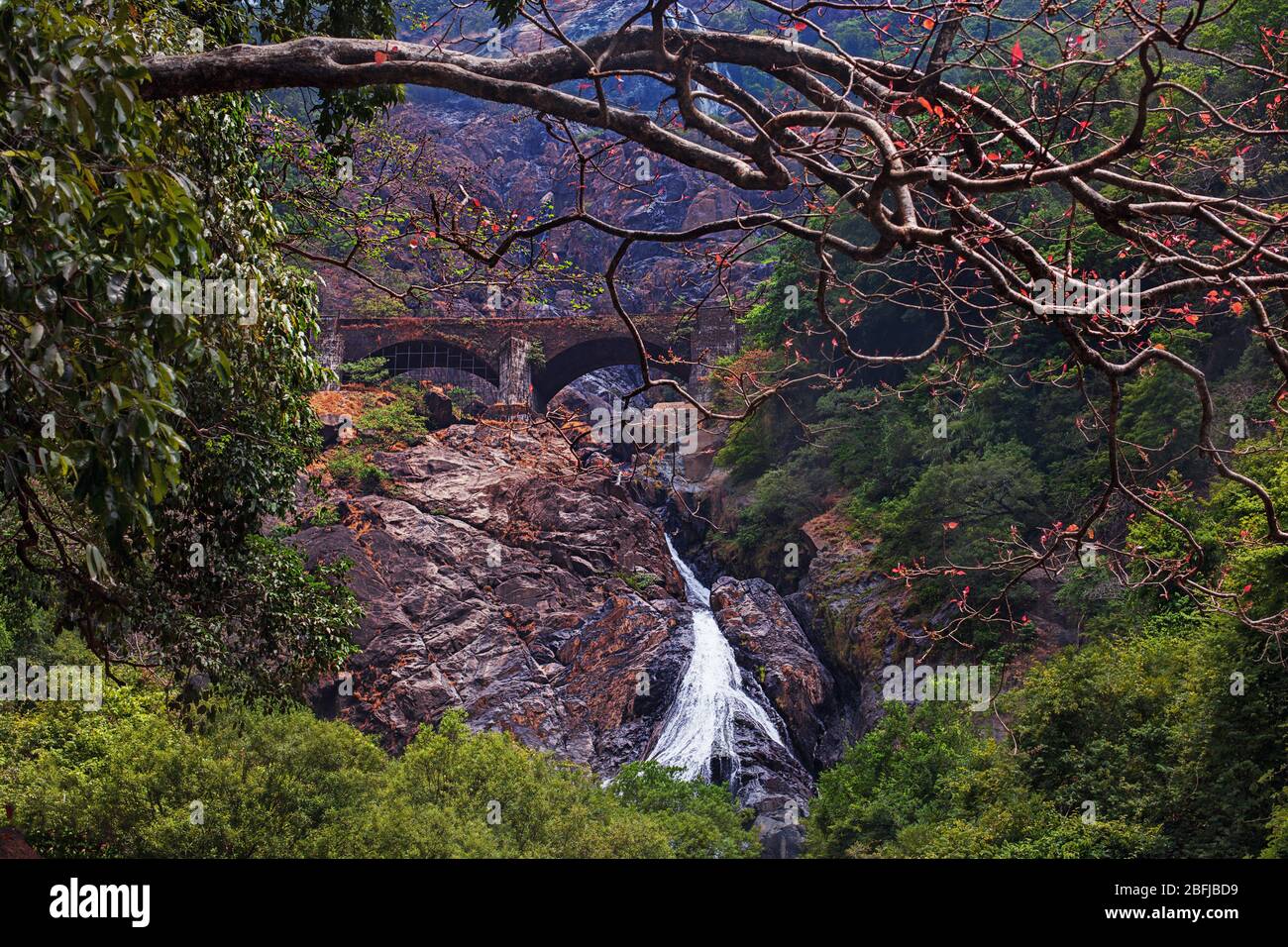 awesome view of waterfall and ancient railway passing through a ...