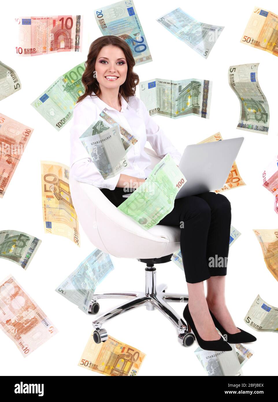 Successful businesswoman with pile of money Stock Photo - Alamy