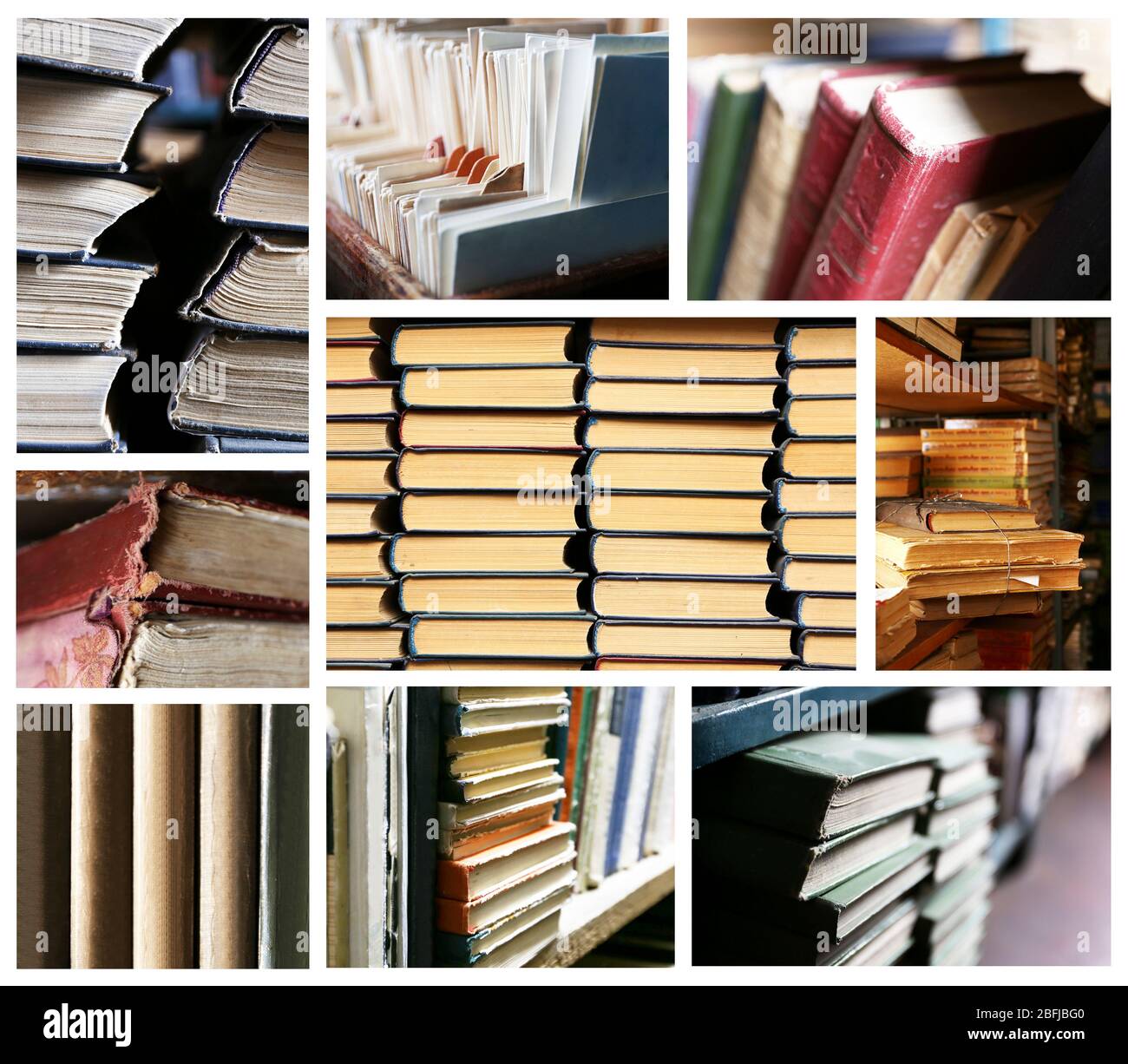 Many different compositions with books in collage Stock Photo - Alamy