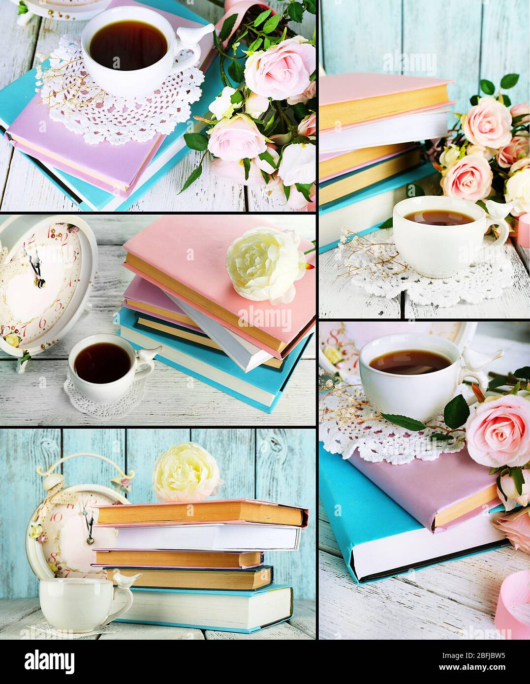 Books and cups compositions in collage, Reading concept Stock Photo - Alamy