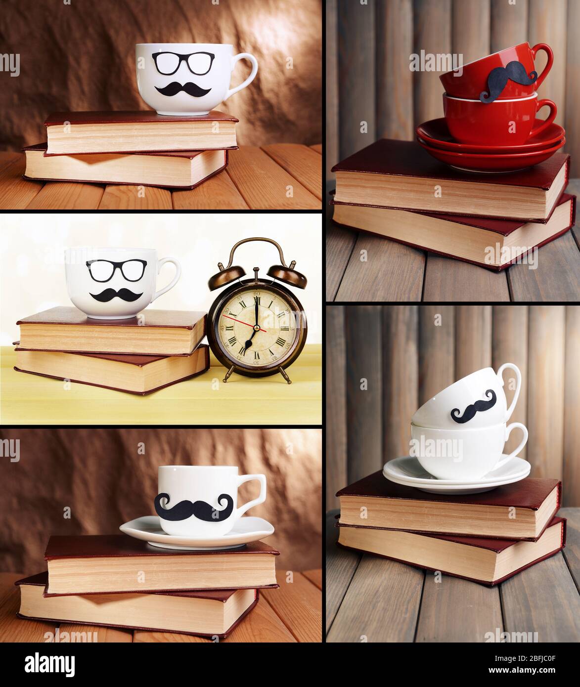 Books and cups compositions in collage, Reading concept Stock Photo - Alamy