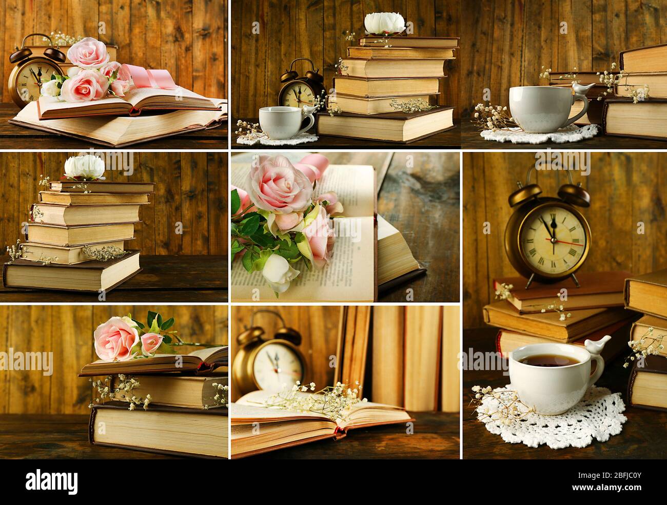 Books and cups compositions in collage, Reading concept Stock Photo - Alamy
