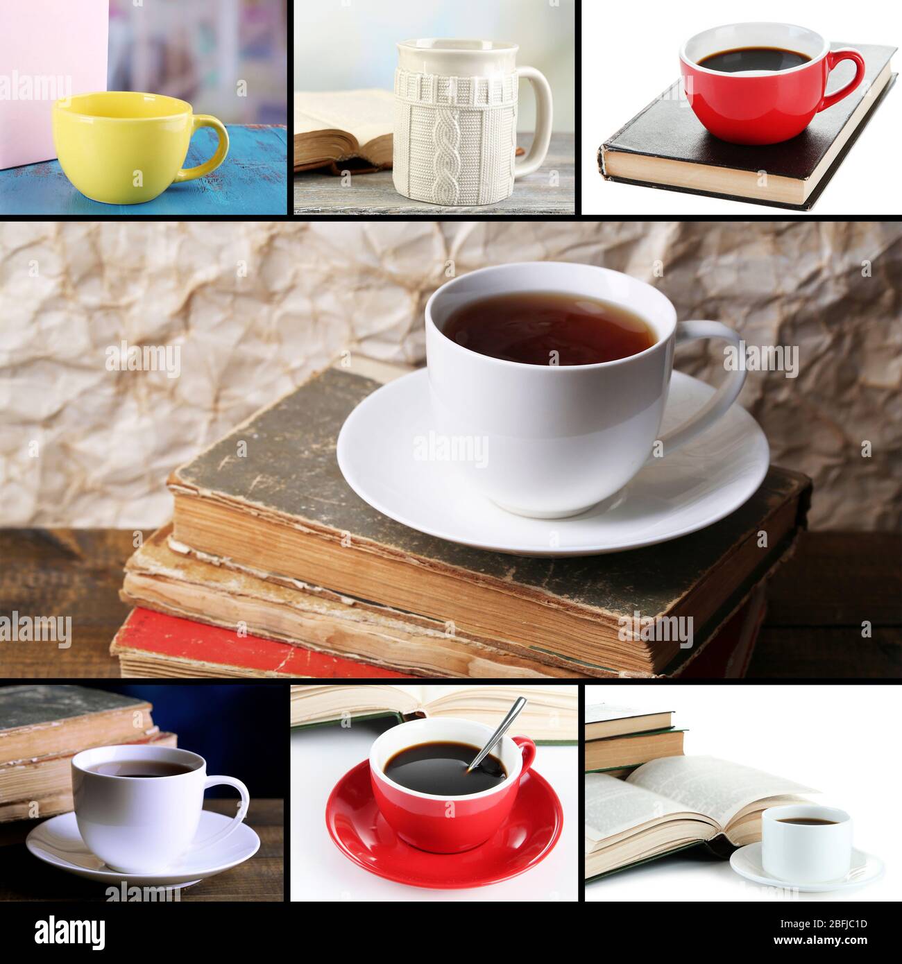 Books and cups compositions in collage Stock Photo - Alamy