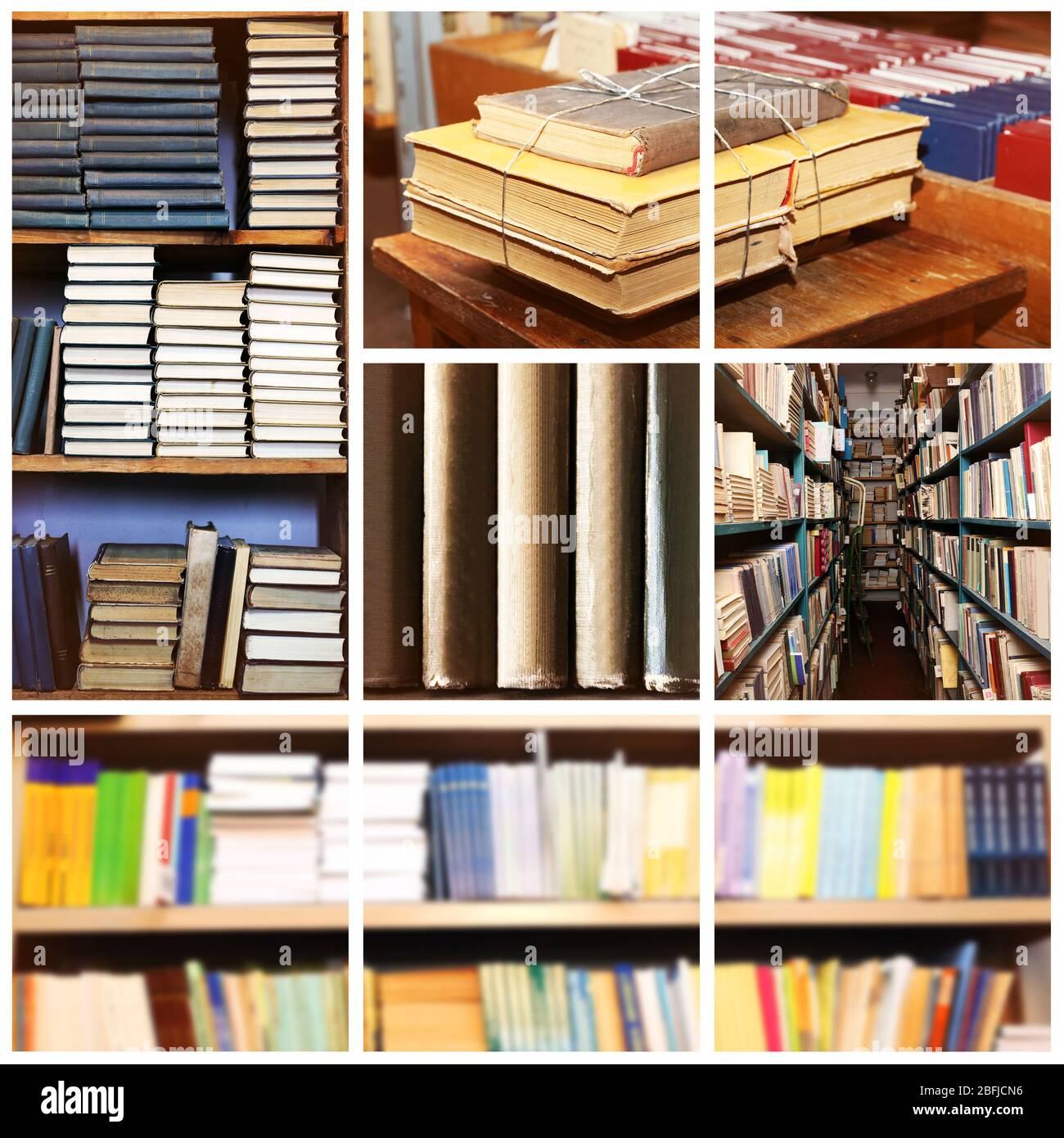Many different compositions with books in collage Stock Photo - Alamy