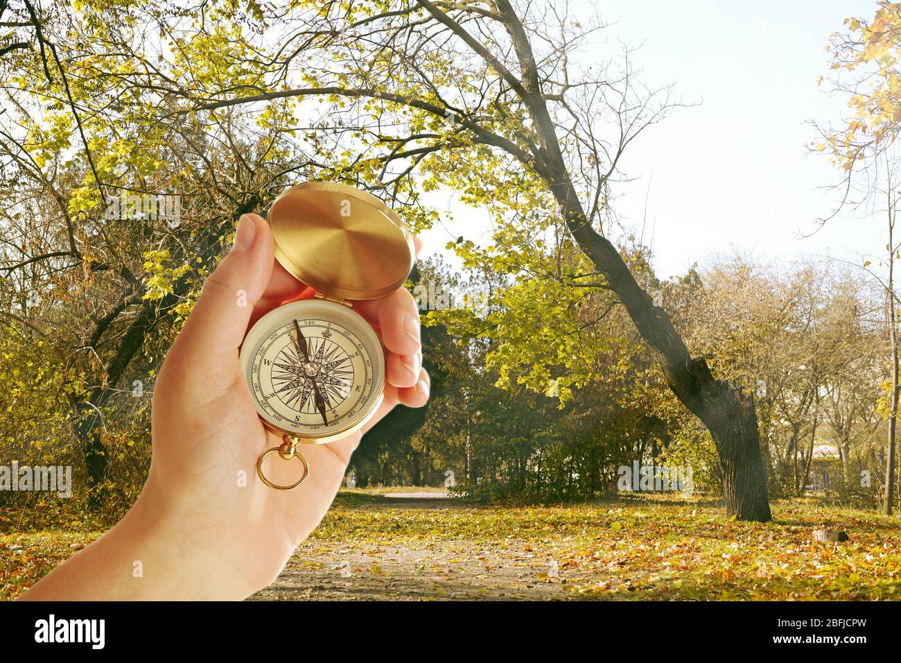 Human hand with compass on nature background Stock Photo - Alamy