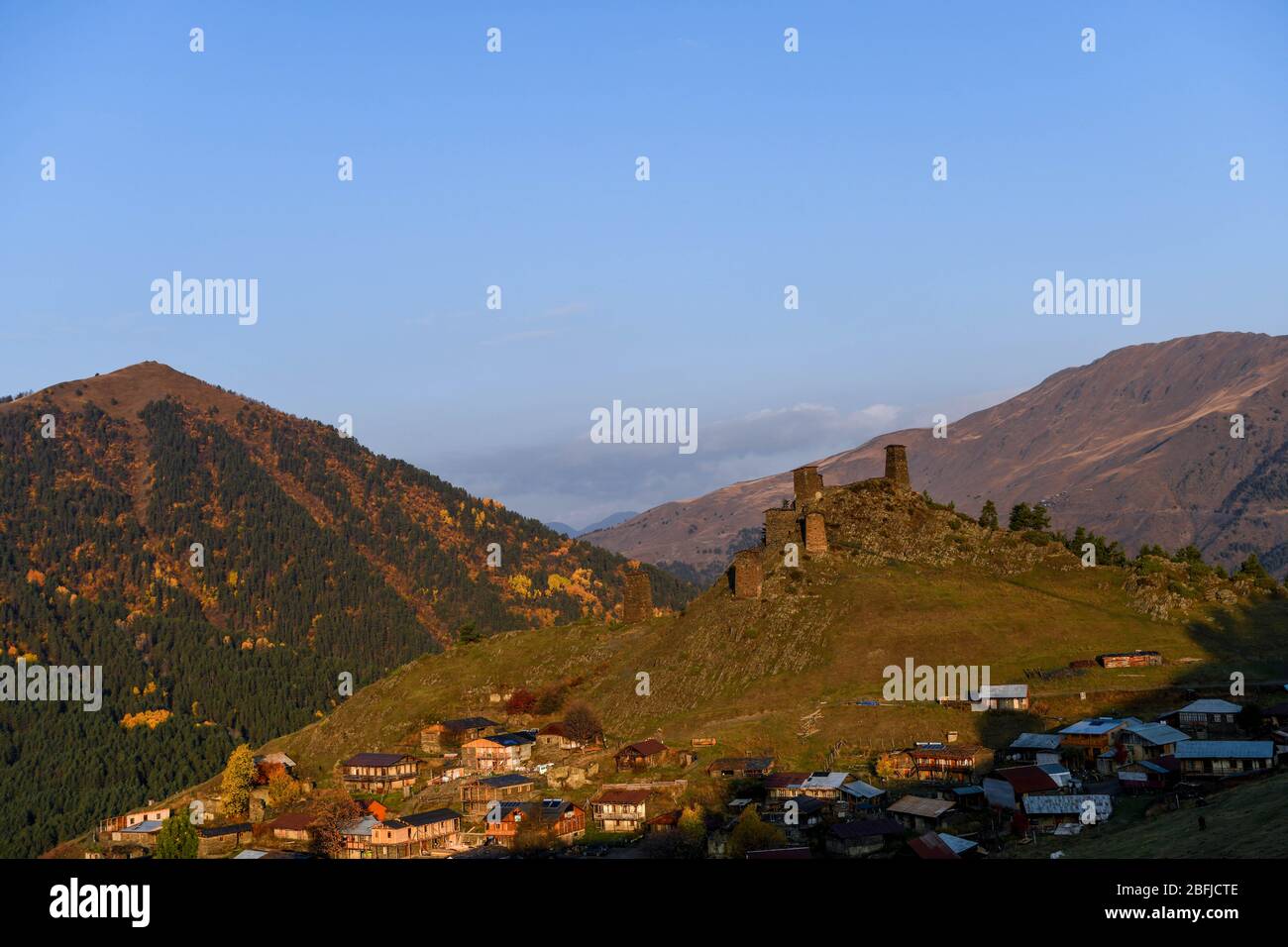 Caucasus, Georgia, Tusheti region, Omalo. The old fort overlooks the ...