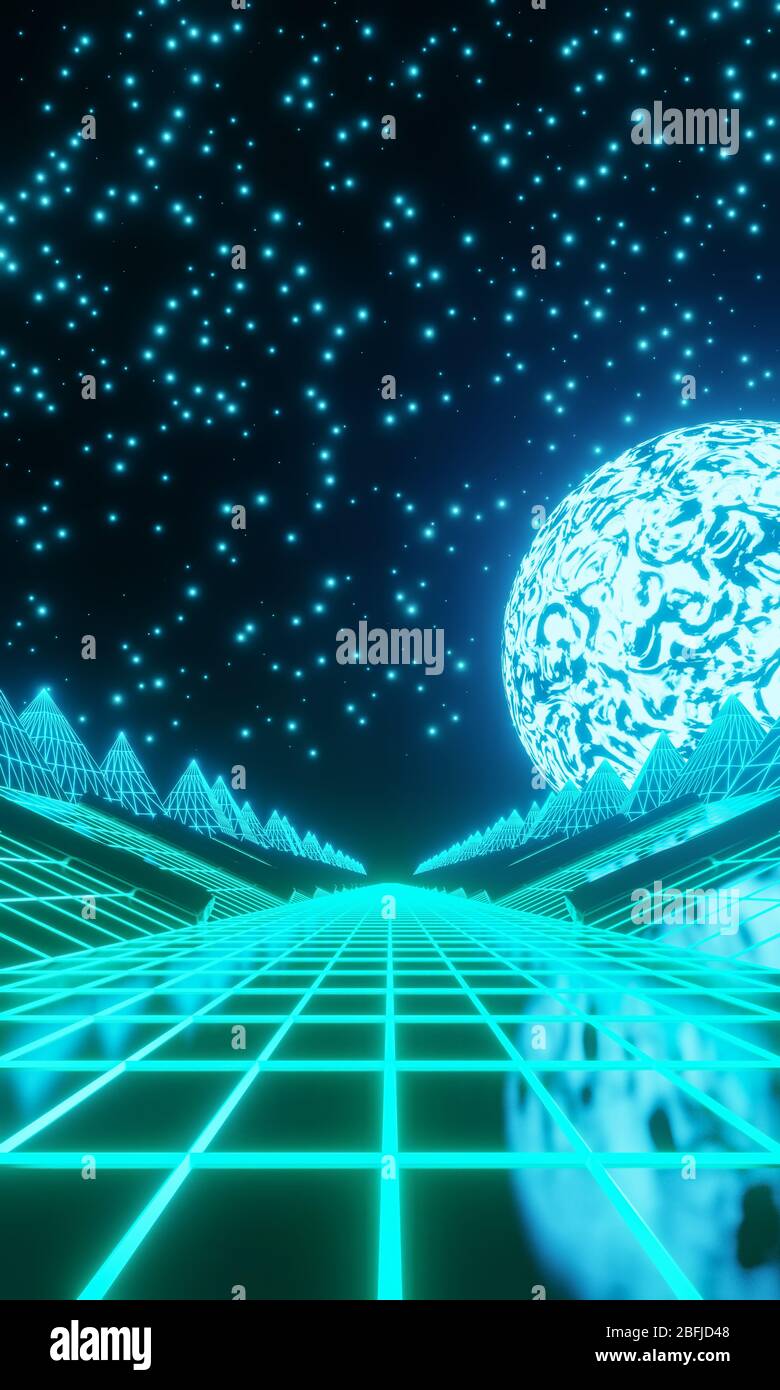 Synthwave sci fi landscape in seamless loop. 3D render. 80s vintage ...