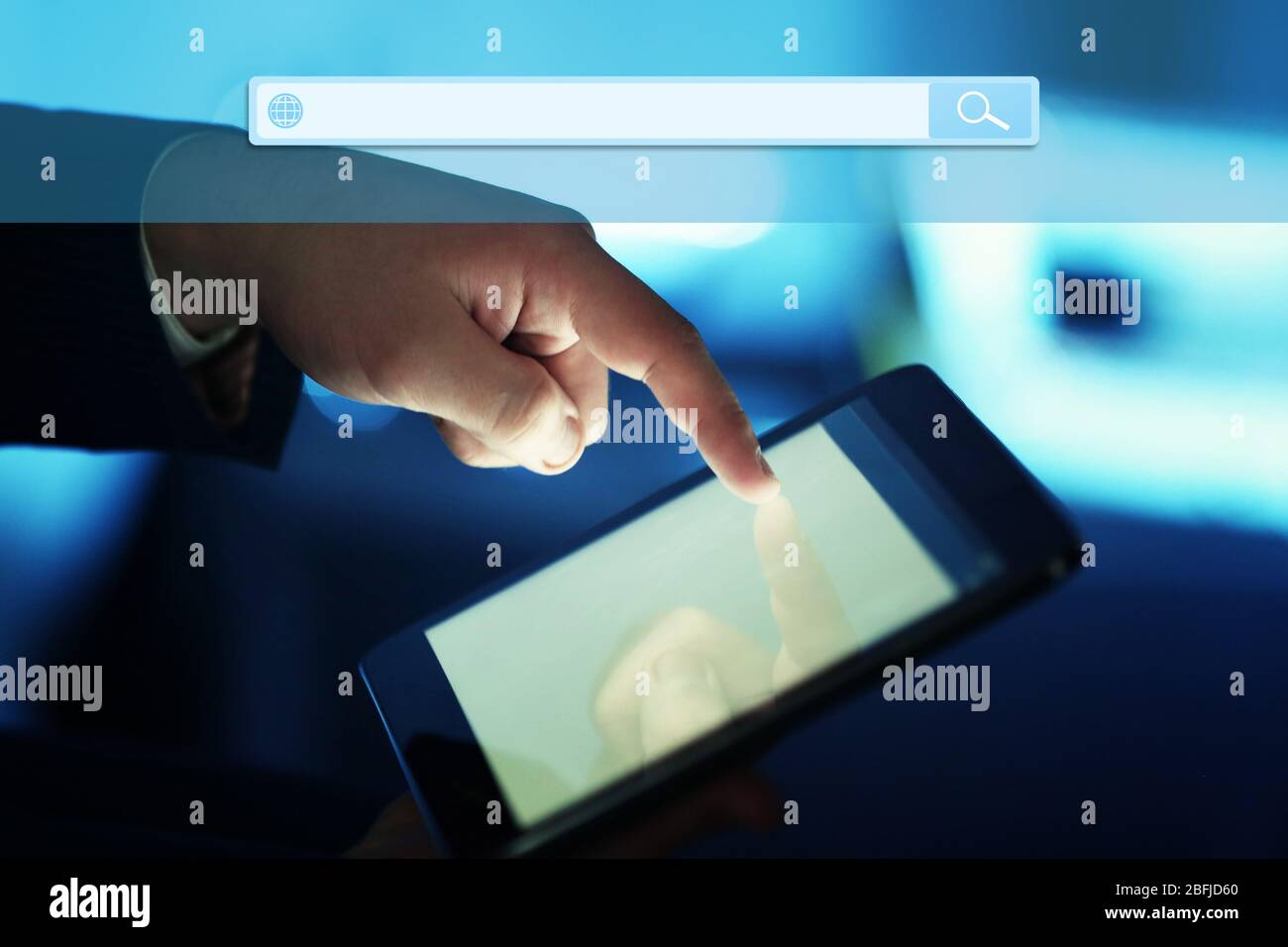 Technology, searching system and internet concept. Male hand touching ...