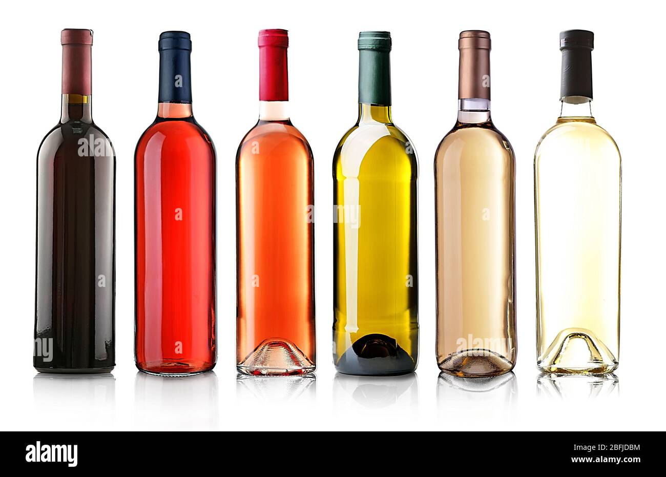 Wine bottles in row isolated on white Stock Photo - Alamy