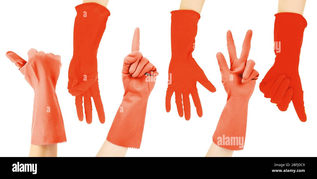 Hands in red gloves gesturing numbers isolated on white Stock Photo - Alamy