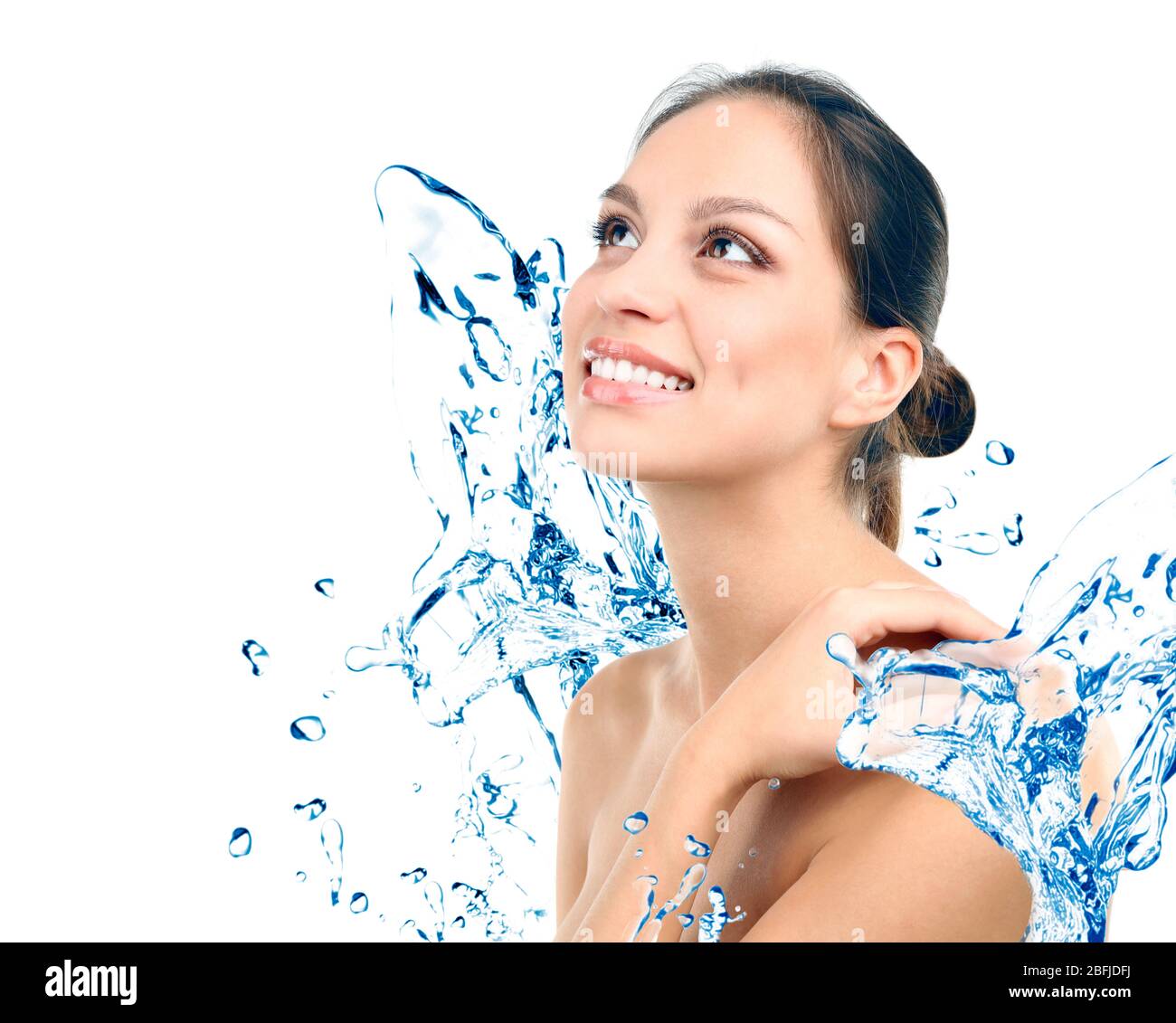 Beautiful young woman and water splash isolated on white Stock Photo ...