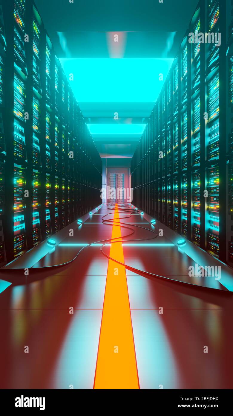 Data center with server racks in a corridor room. 3D render of digital ...