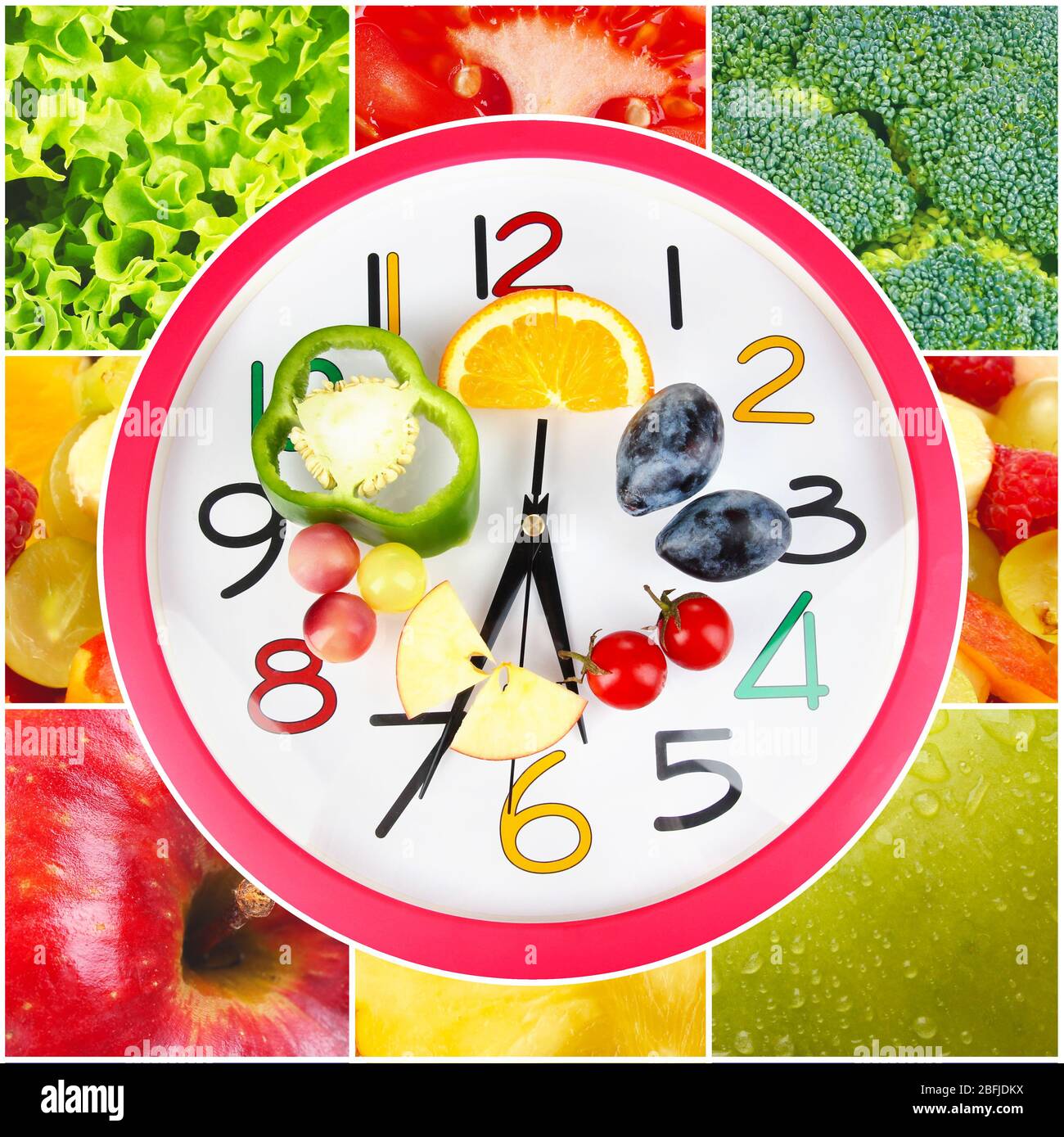 Food clock with vegetables and fruits as background. Healthy food ...