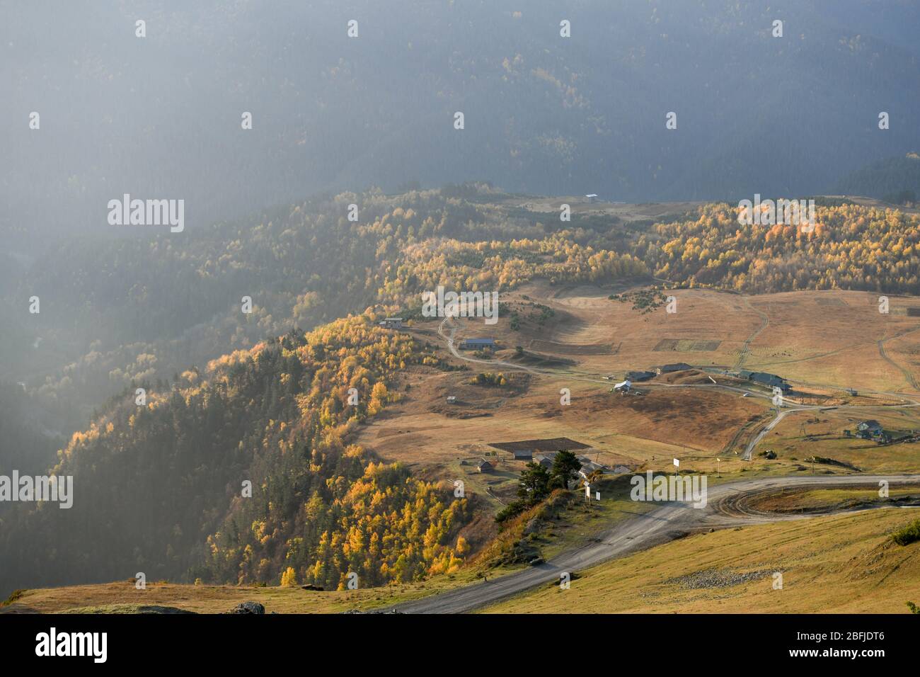 Caucasus, Georgia, Tusheti region, Omalo. A village on a mountainside ...