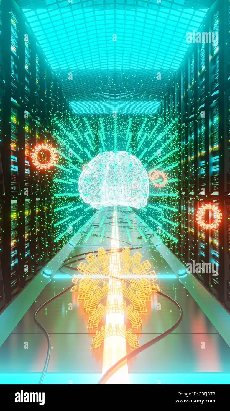 Big data an AI learning concept in server center. 3D render Stock Photo ...