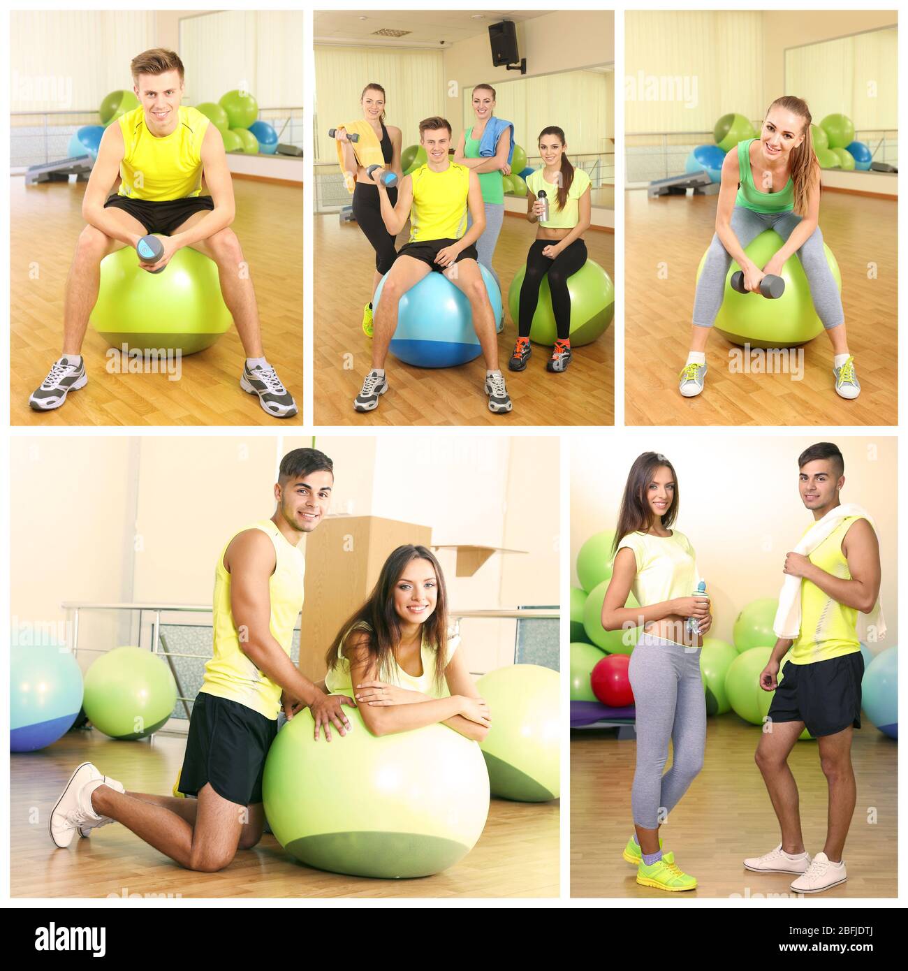 Collage of photos with young people training with gymnastic ball in gym ...