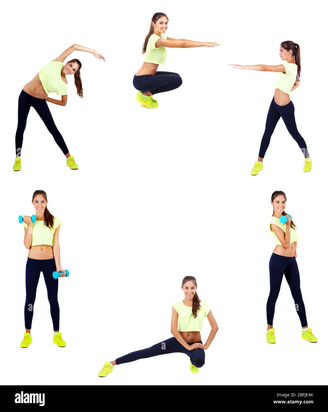 Beautiful young woman doing exercises in collage with space for text ...