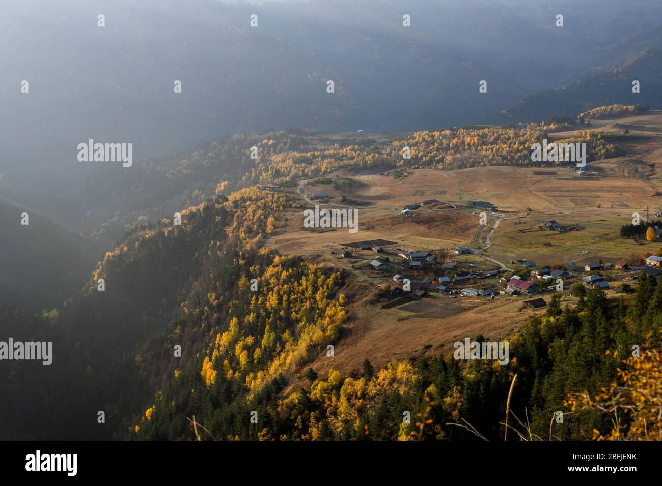 Caucasus, Georgia, Tusheti region, Omalo. A village on a mountainside ...