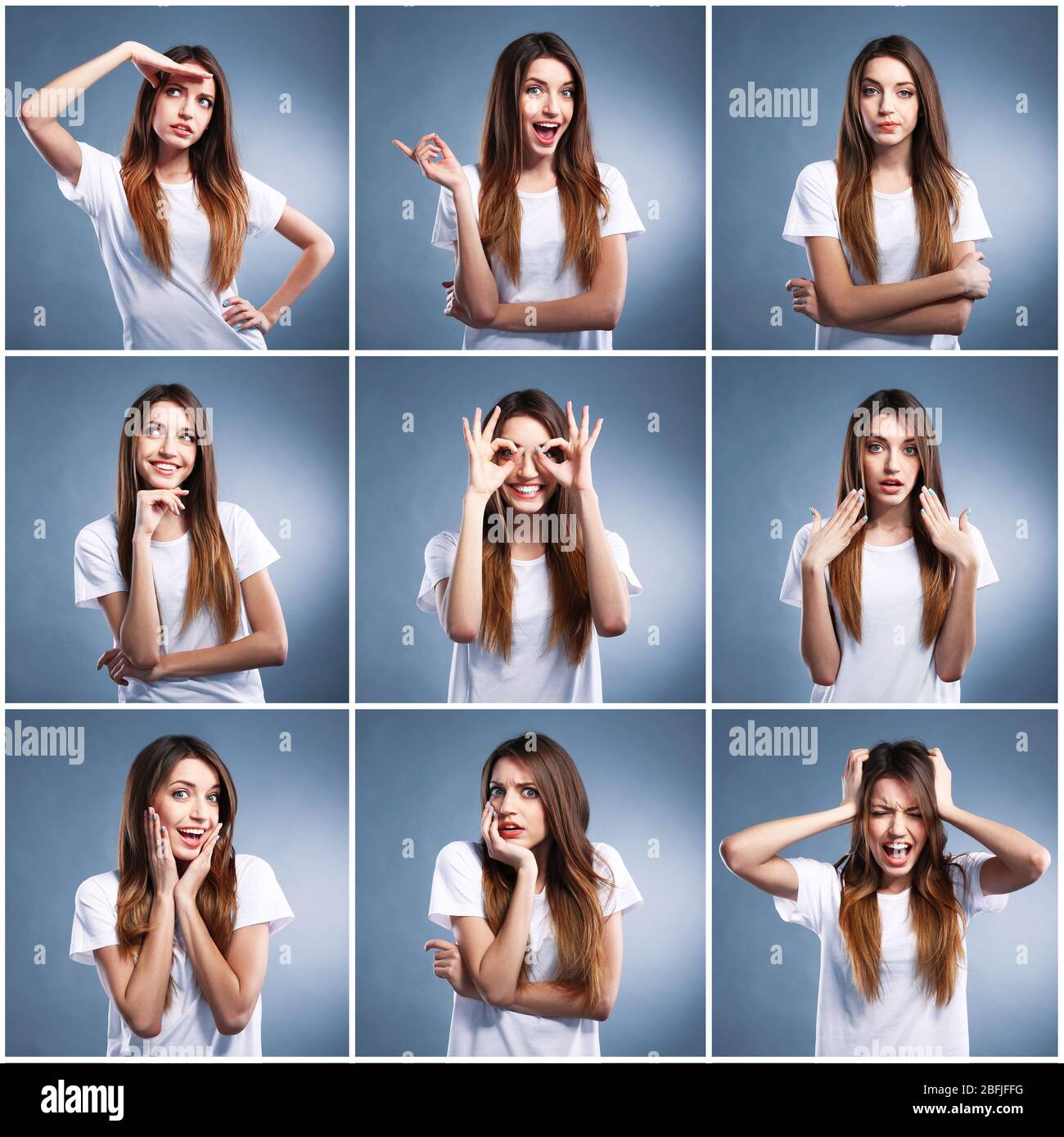 Collage of emotional girl on grey background Stock Photo - Alamy