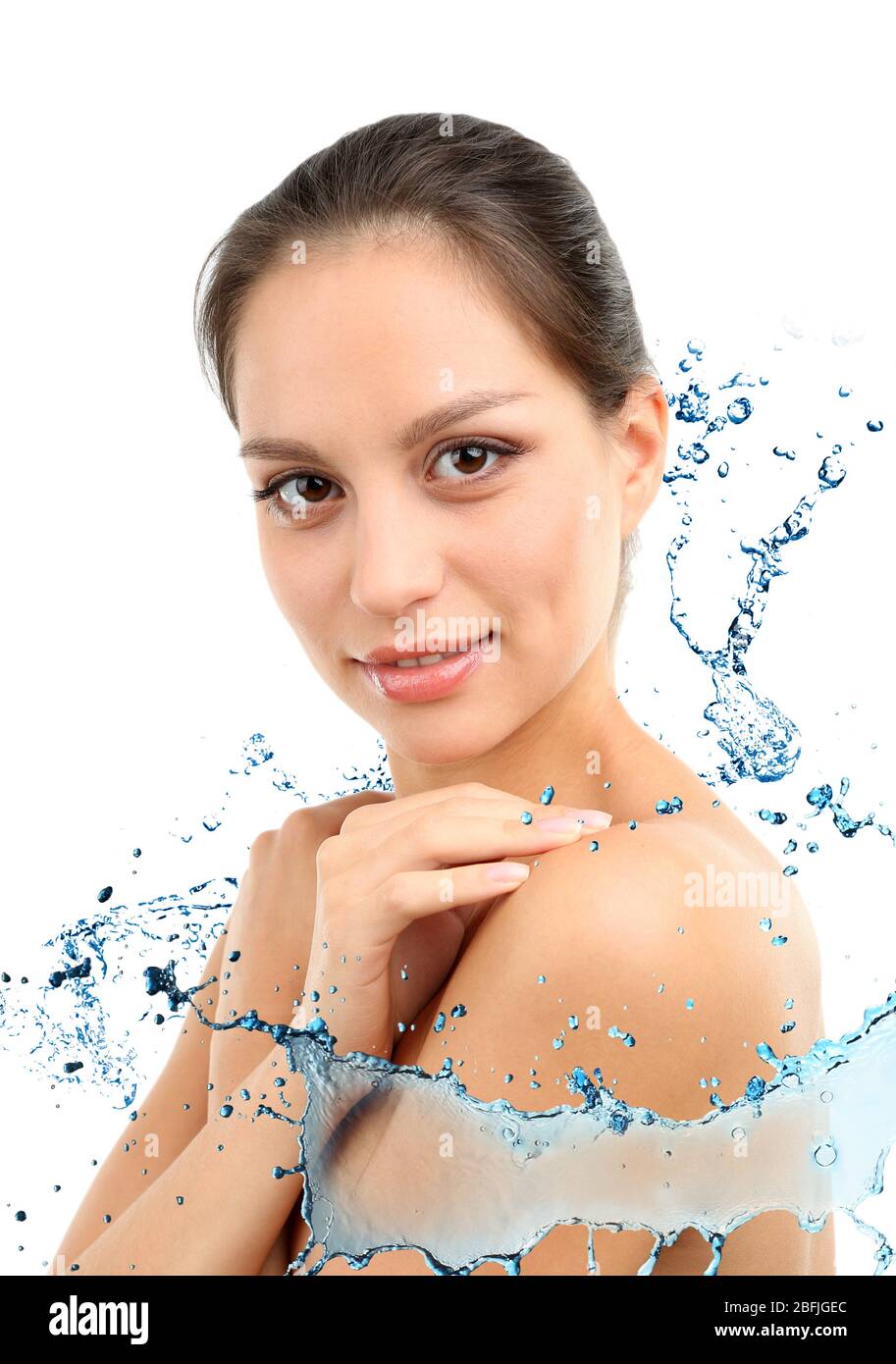 Beautiful young woman with water splashes isolated on white Stock Photo ...