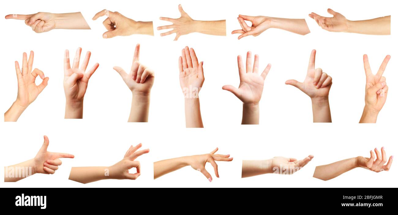 Collage of hands showing different gestures, isolated on white Stock ...