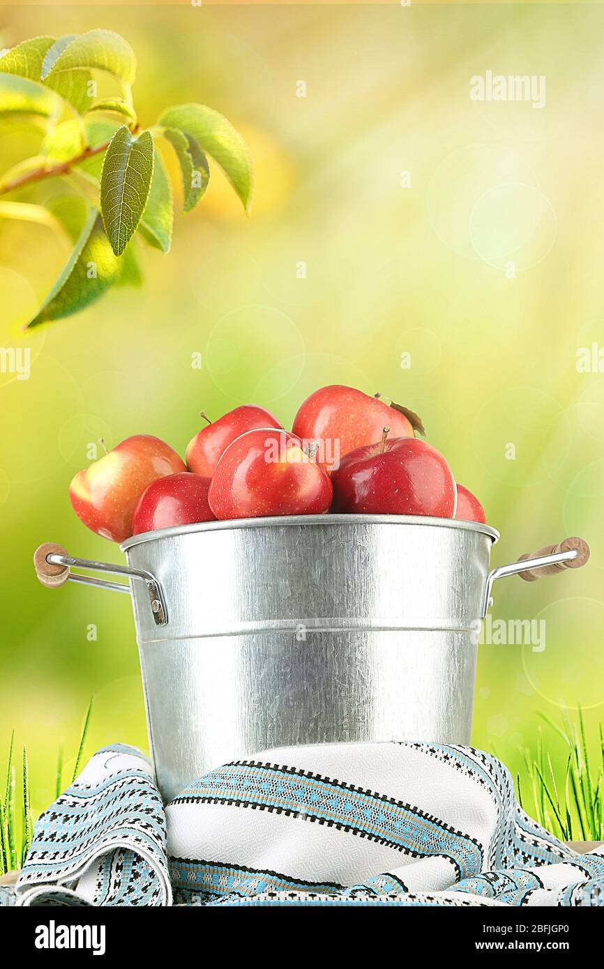 Pail filled with red apples and dishcloth on nature background Stock ...