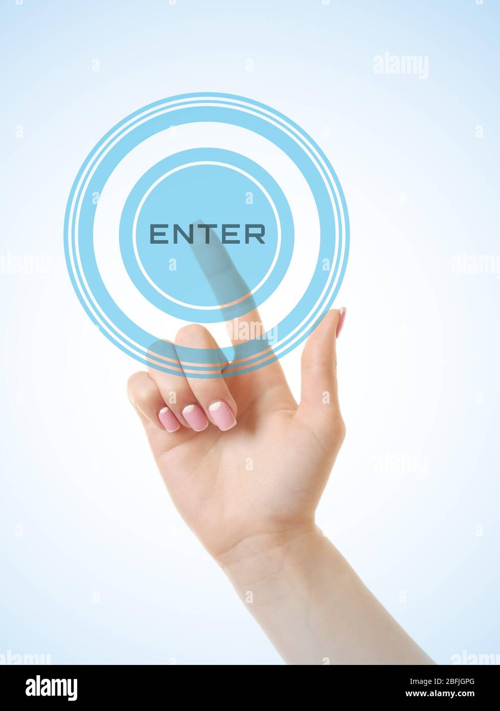 Female hand push "Enter" button Stock Photo - Alamy