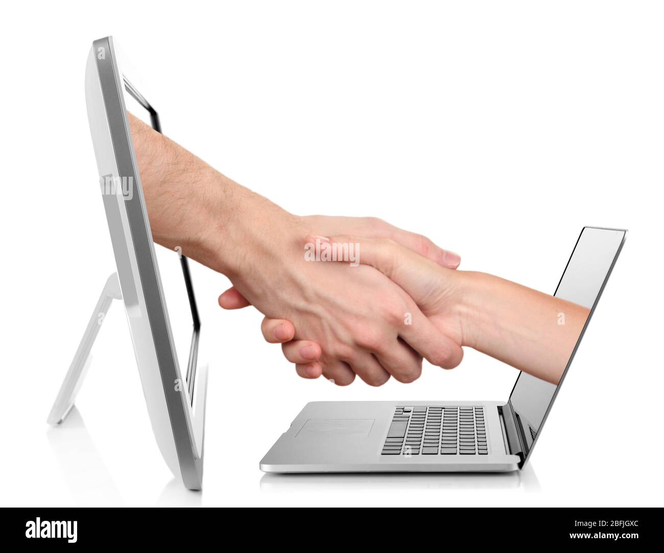Virtual handshake. Internet business concept isolated on white Stock ...