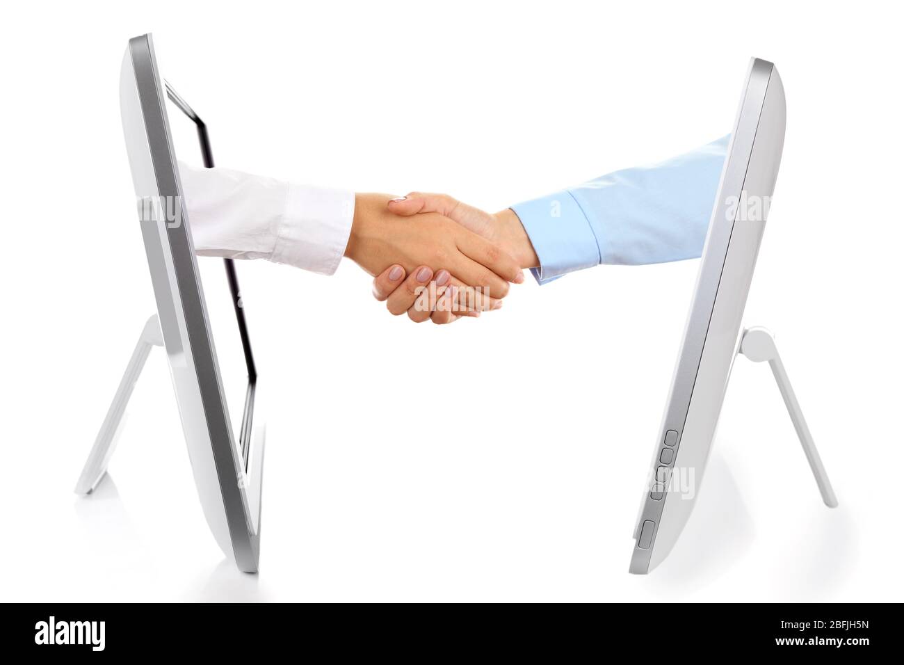 Virtual handshake. Internet business concept isolated on white Stock ...