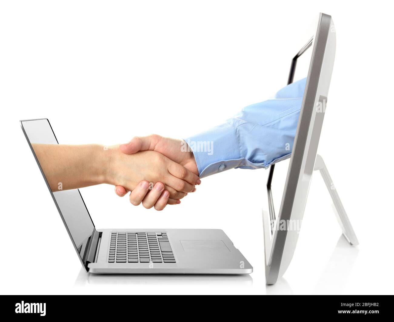 Virtual handshake. Internet business concept isolated on white Stock ...