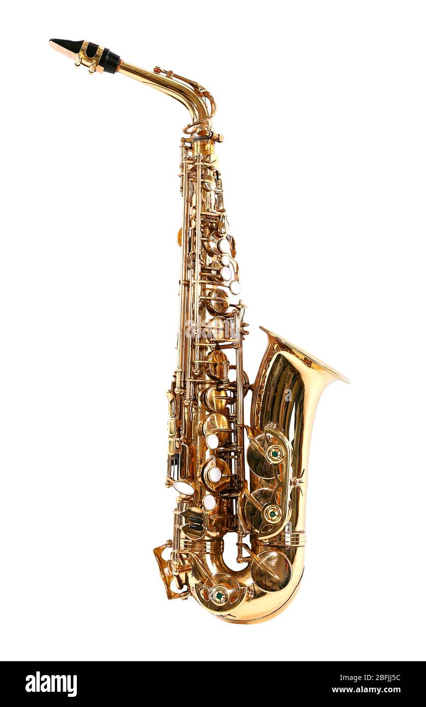 Golden saxophone isolated on white Stock Photo - Alamy