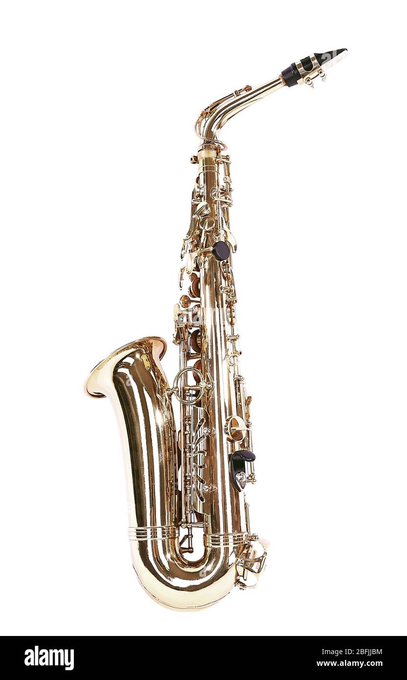 Golden saxophone isolated on white Stock Photo - Alamy
