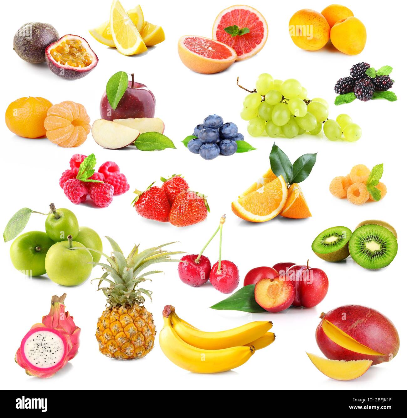 Collage of different fruits and berries isolated on white Stock Photo ...