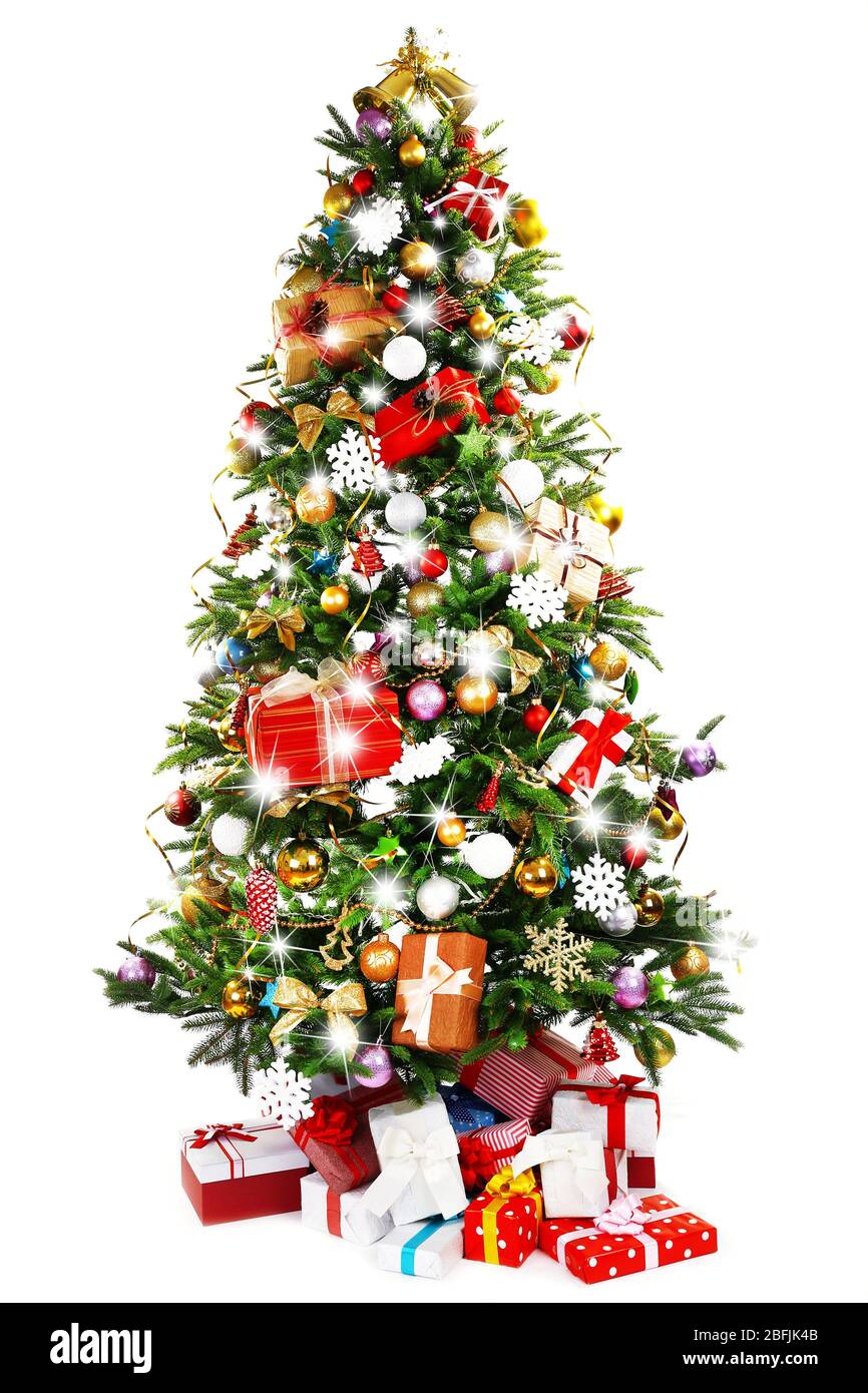 Christmas tree and presents isolated on white Stock Photo - Alamy